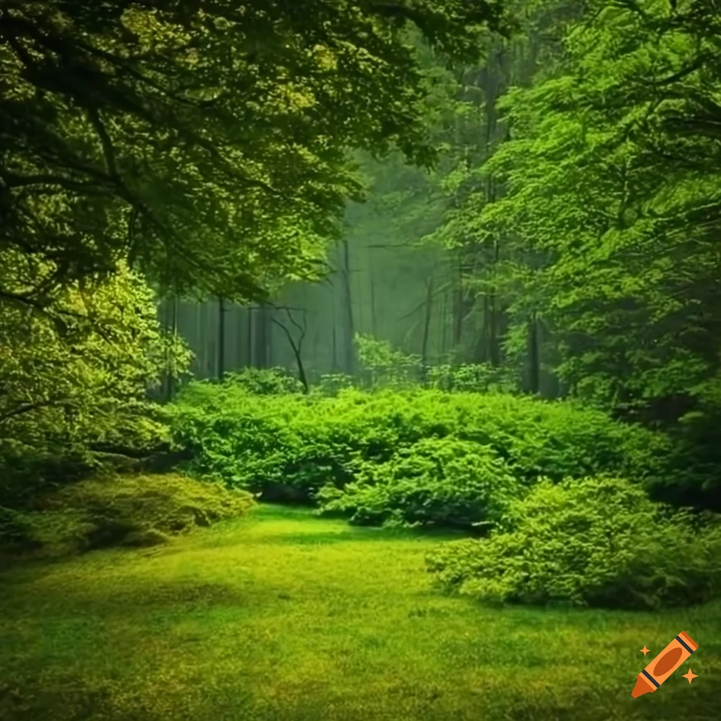 Bright forest with green bushes on Craiyon