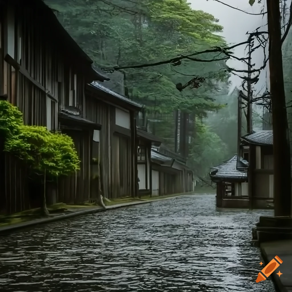 Rainy day in a japanese forest town on Craiyon