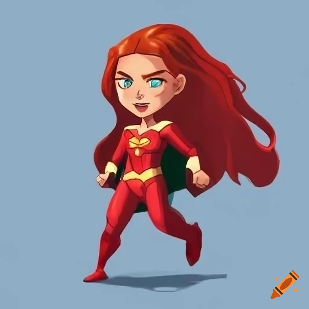 Cartoon female superhero in green and gold with red-brown hair and ...