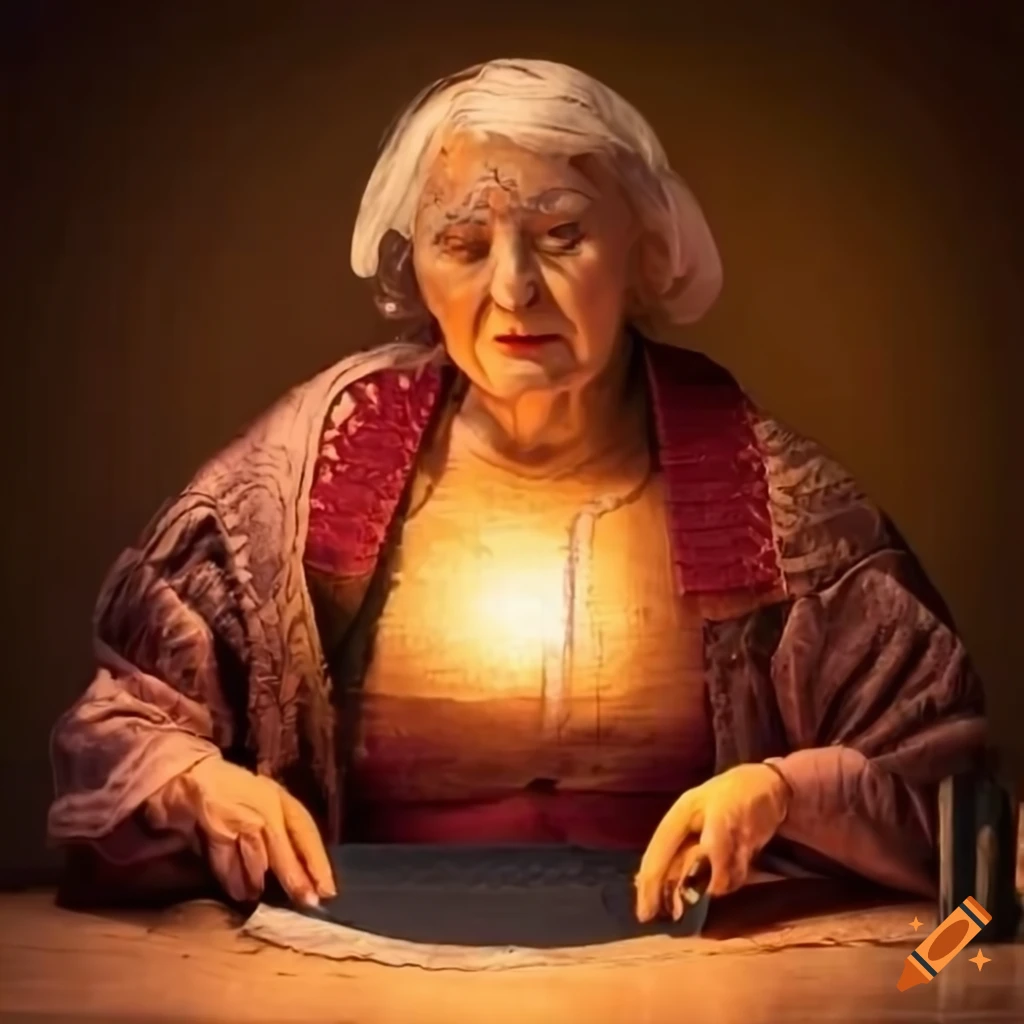 Old fortune teller sitting indoors with light from window on Craiyon