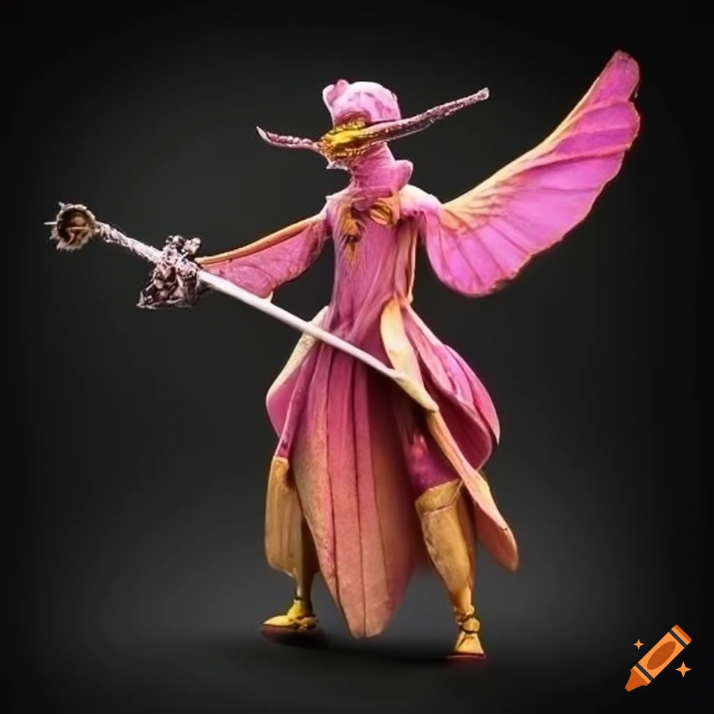 Pink and yellow moth man with a rapier on Craiyon