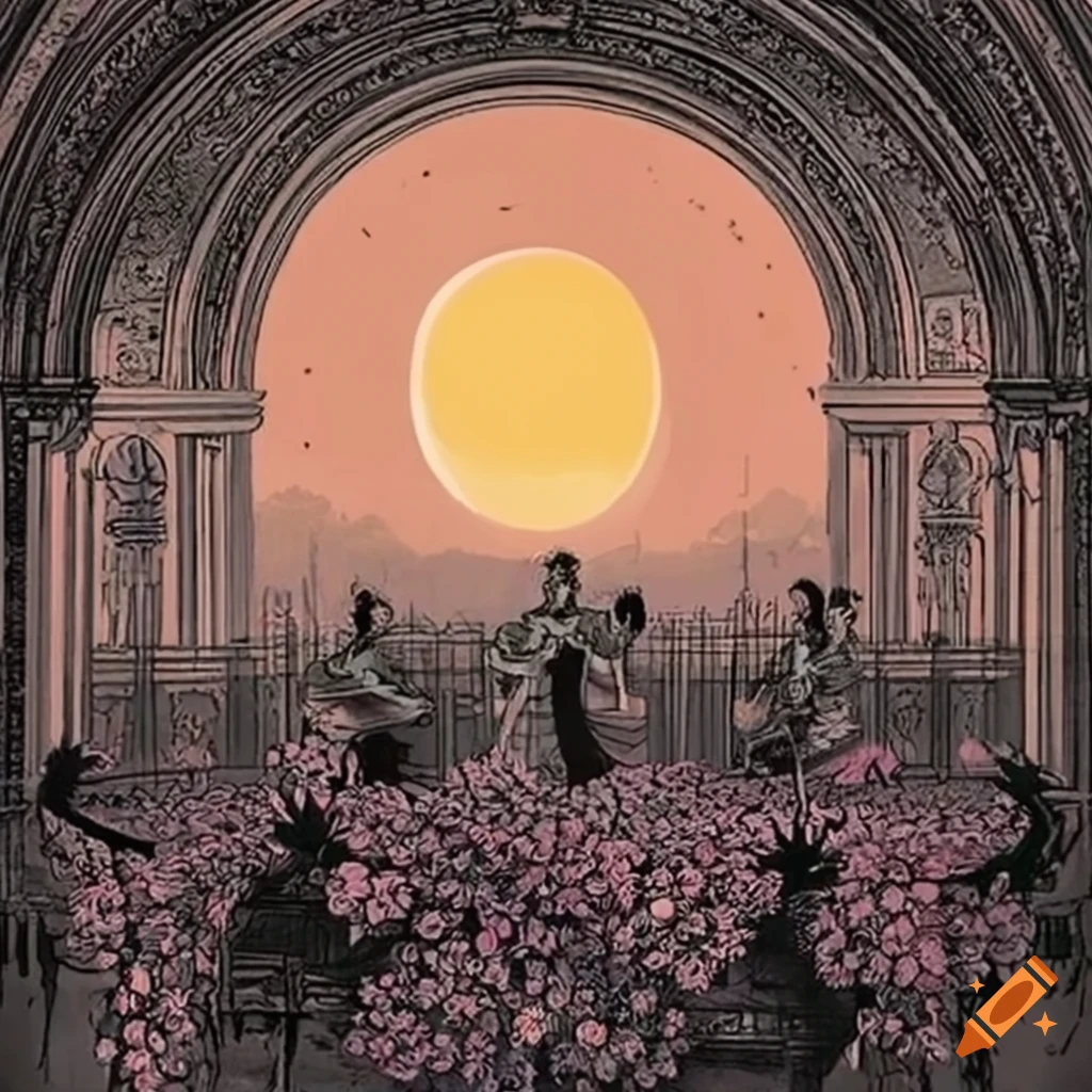 Vibrant field of blooming flowers at sunset with an elegant orchestra ...