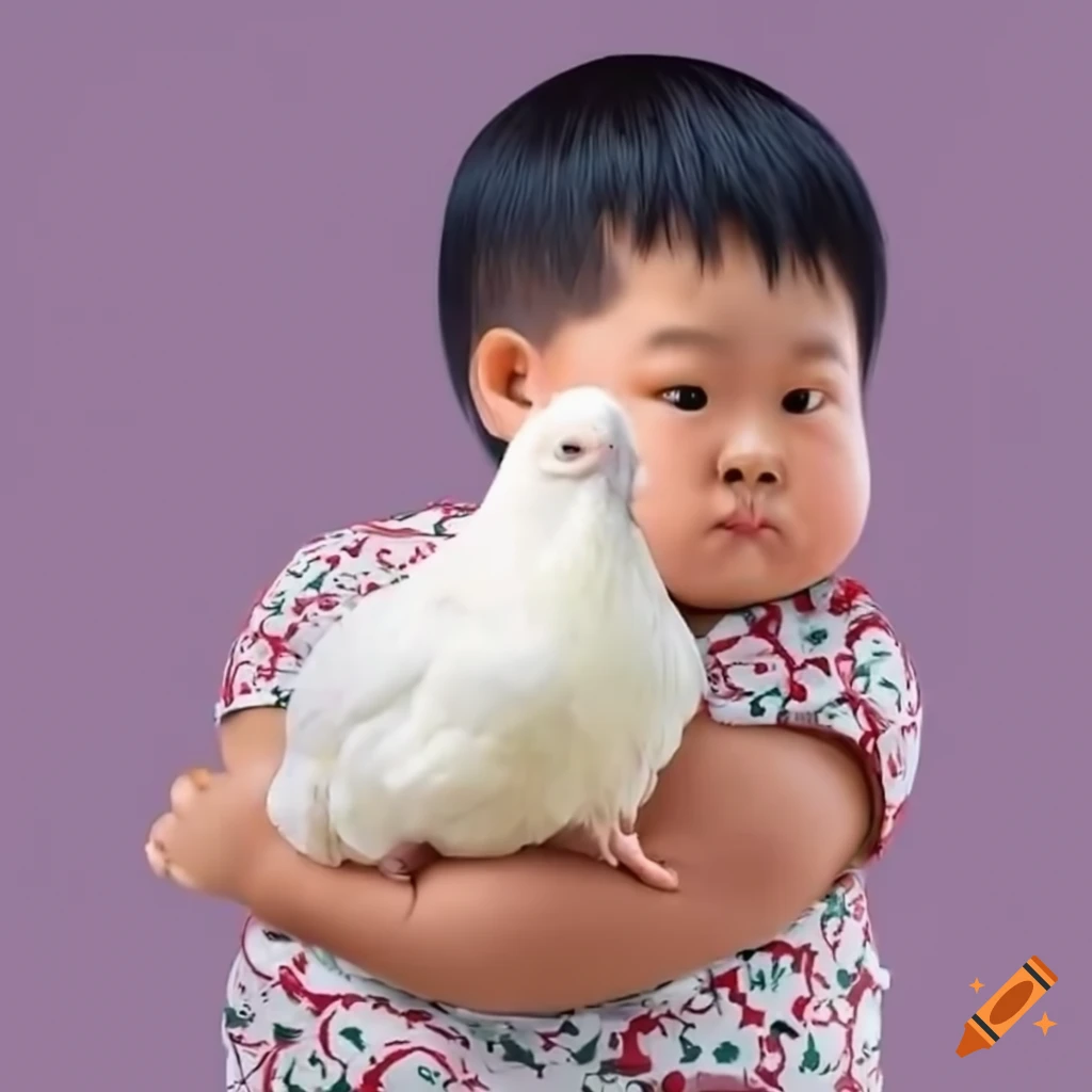 Cute fat chinese child holding a white hen on Craiyon