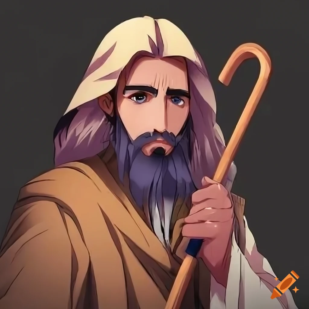Anime portrait of a male biblical shepherd holding a wooden cane on Craiyon
