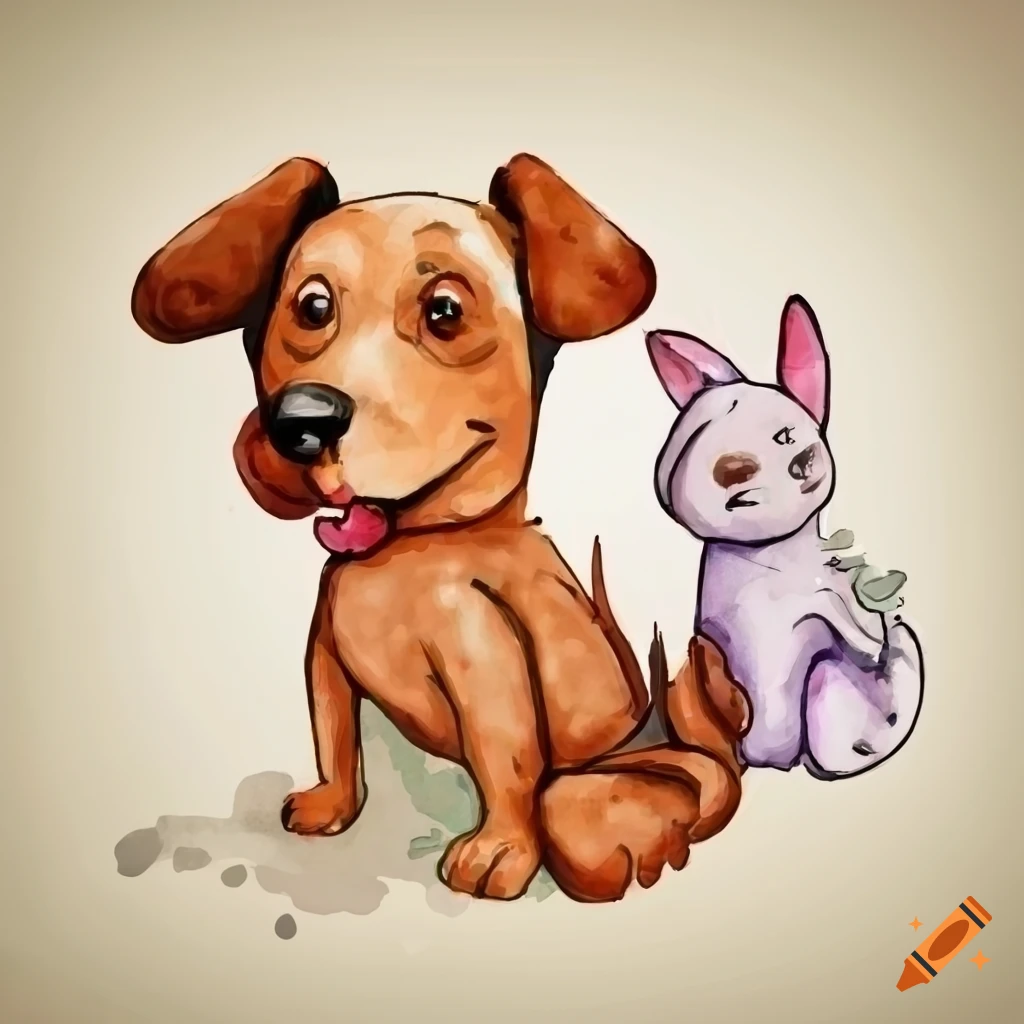 Cartoonish watercolor illustration of a dog and rabbit having a ...