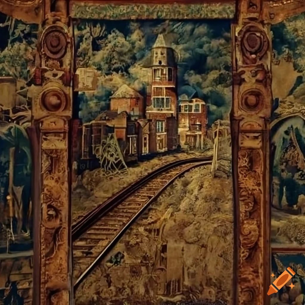 Railway tracks in a medieval tapestry on Craiyon