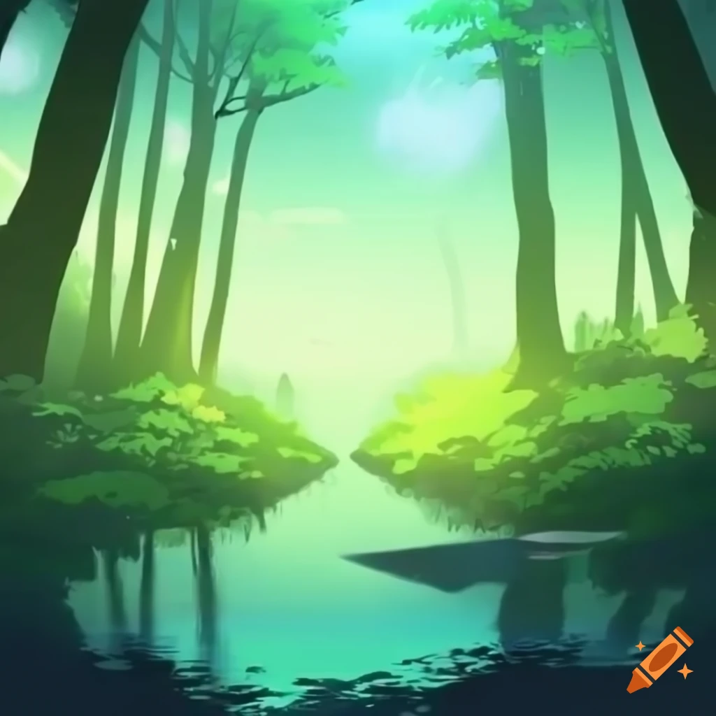 Forest and backwaters in a bright fantasy anime background on Craiyon