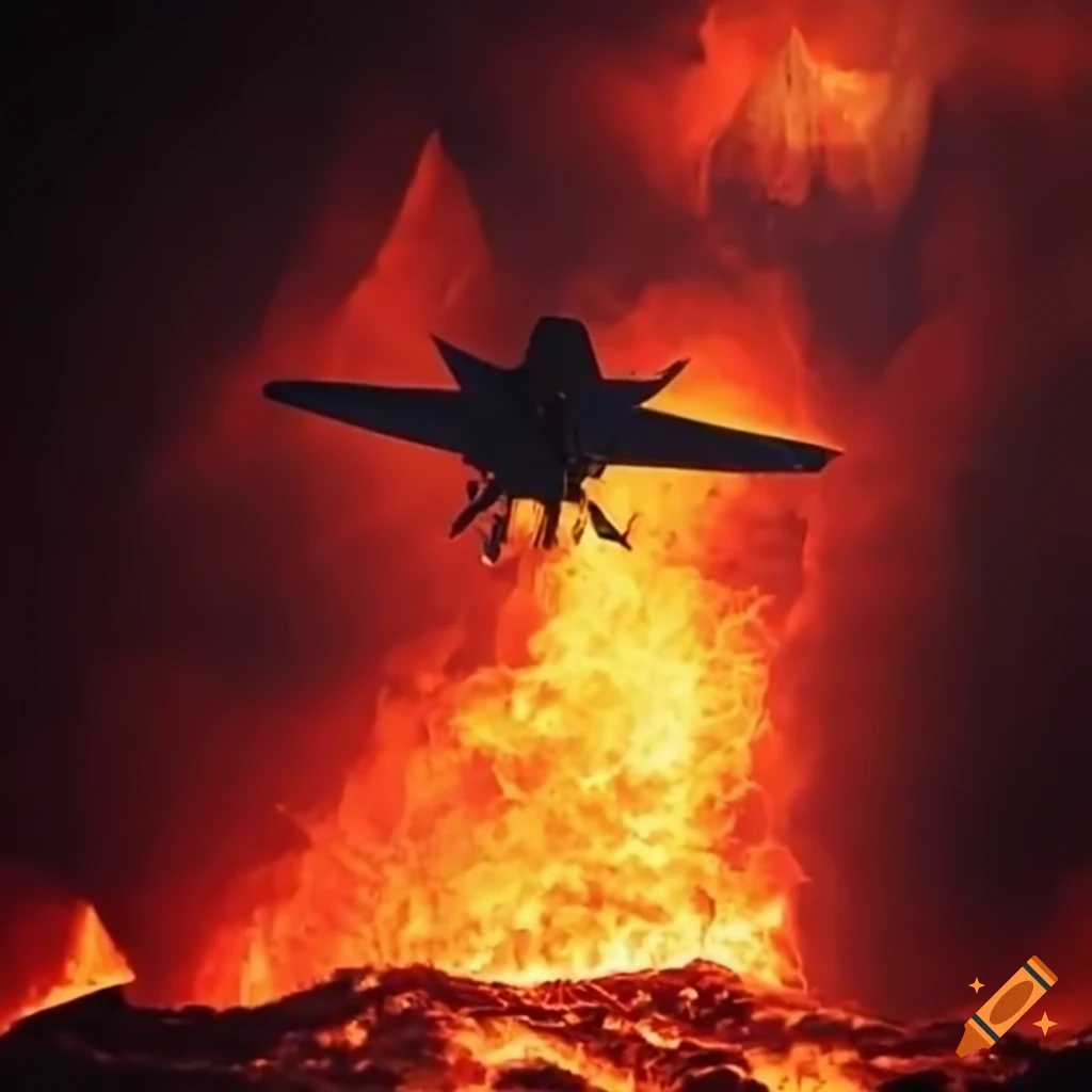 F-35 fighter jet flying over volcanic eruption with clarity on Craiyon