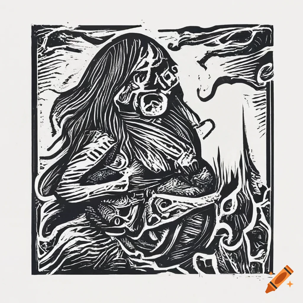 Sinister linocut etching of a mysterious swamp creature singing in ...