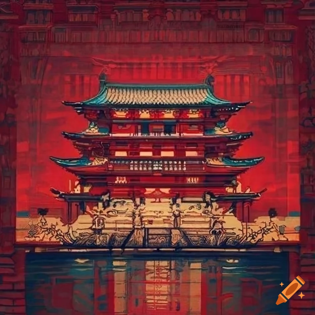 Red oriental building on a japanese style red tapestry on Craiyon