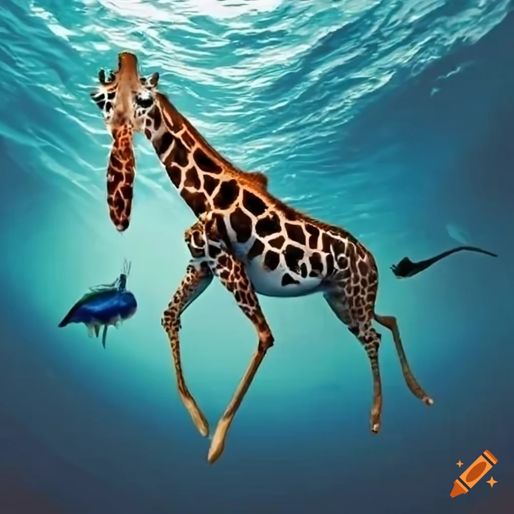 Hybrid animal with giraffe head and fish tail swimming in the ocean on ...