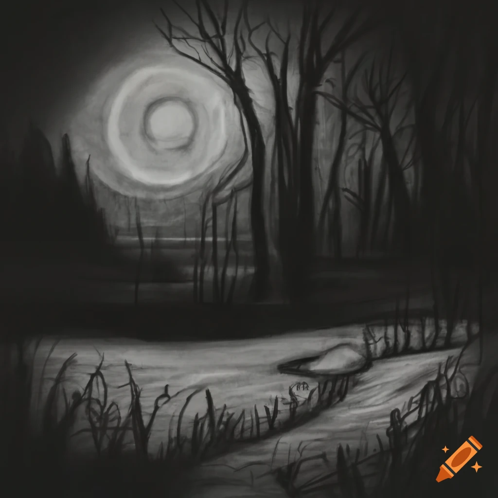 Nighttime meadow with distant forest in charcoal drawing on Craiyon