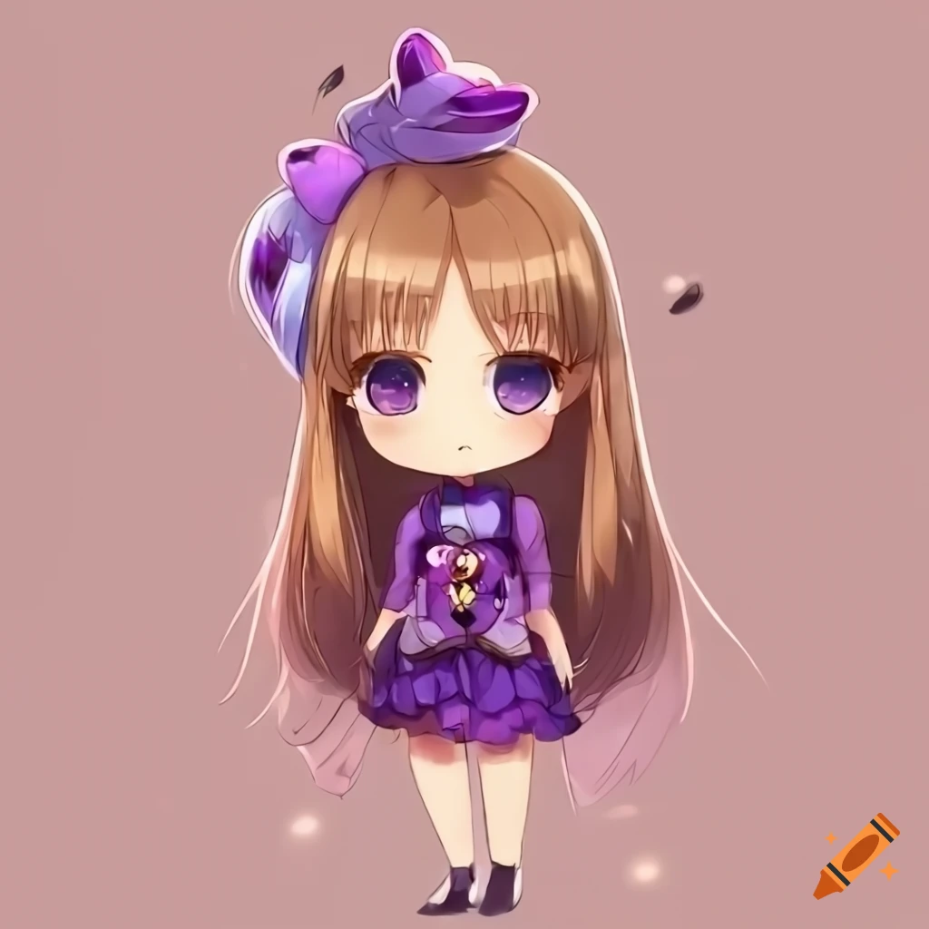 Chibi toddler anime girl with light brown hair and purple skirt on Craiyon