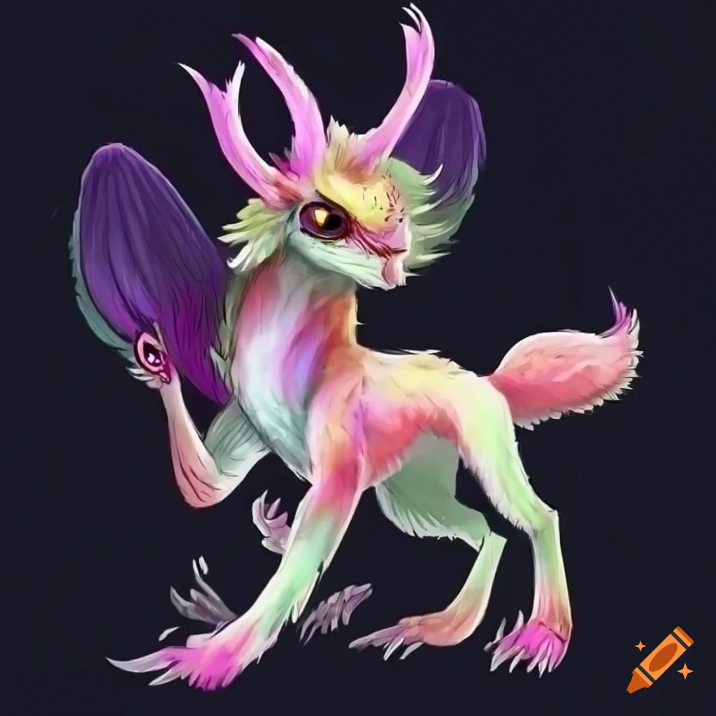 Hybrid fantasy creature with pastel fluffy body, scaly belly, antlers, and feather wings on Craiyon
