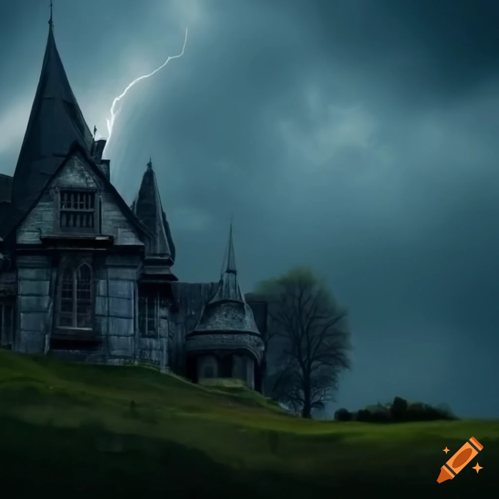 Gothic house on a hill during a thunderstorm on Craiyon