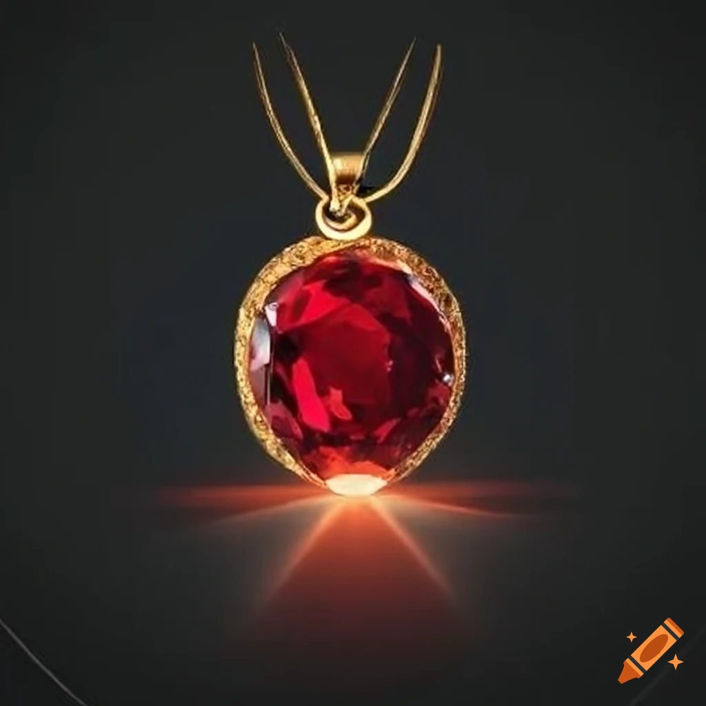 Blazing red gem in a gold amulet on Craiyon