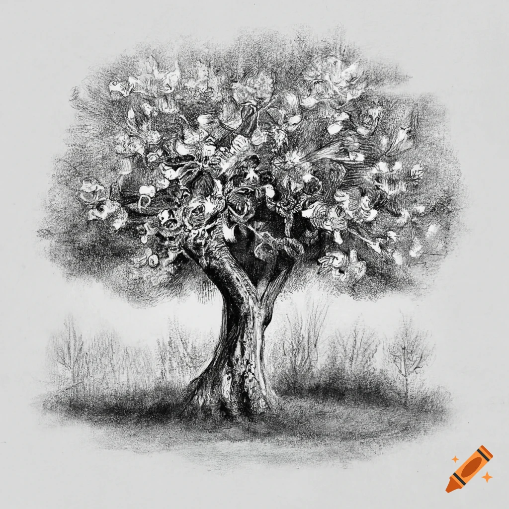 Blossoming old apple tree in a forest meadow in charcoal drawing on Craiyon