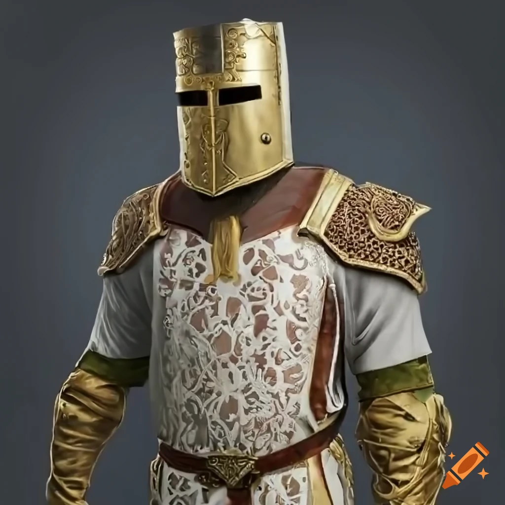 Symmetrical medieval king in Kingdoms of Amalur style with golden tabard and crusader helmet on ...