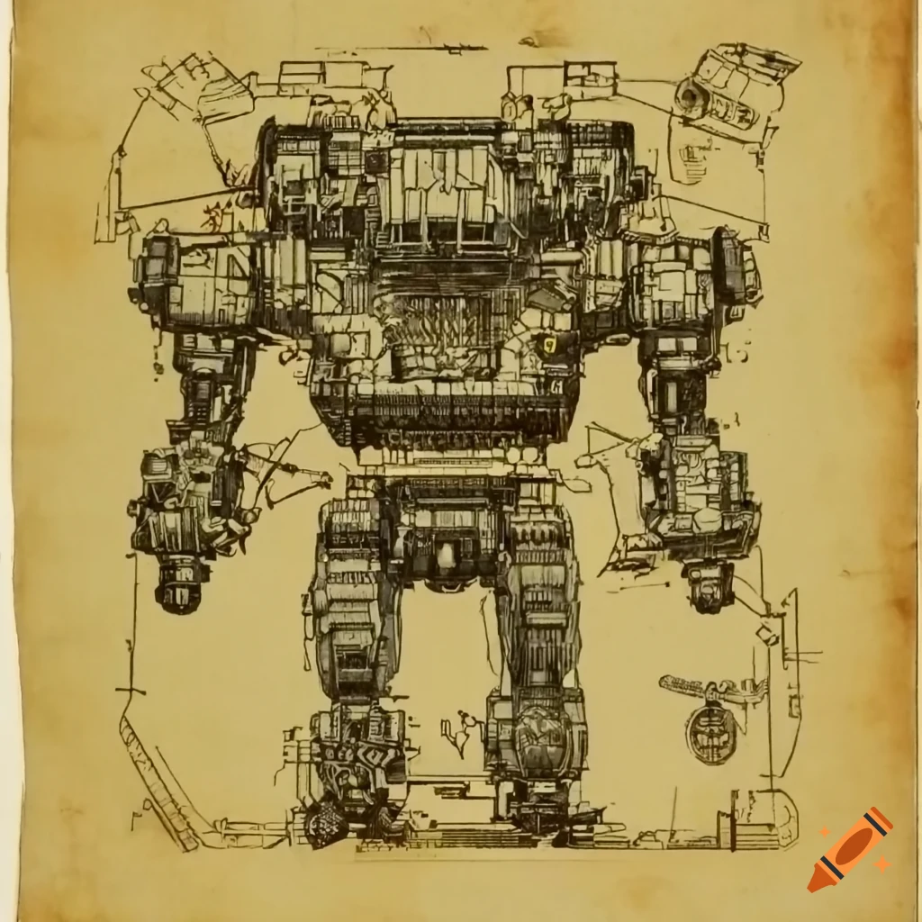 Intricate and complex mech design with labels and annotations on old ...