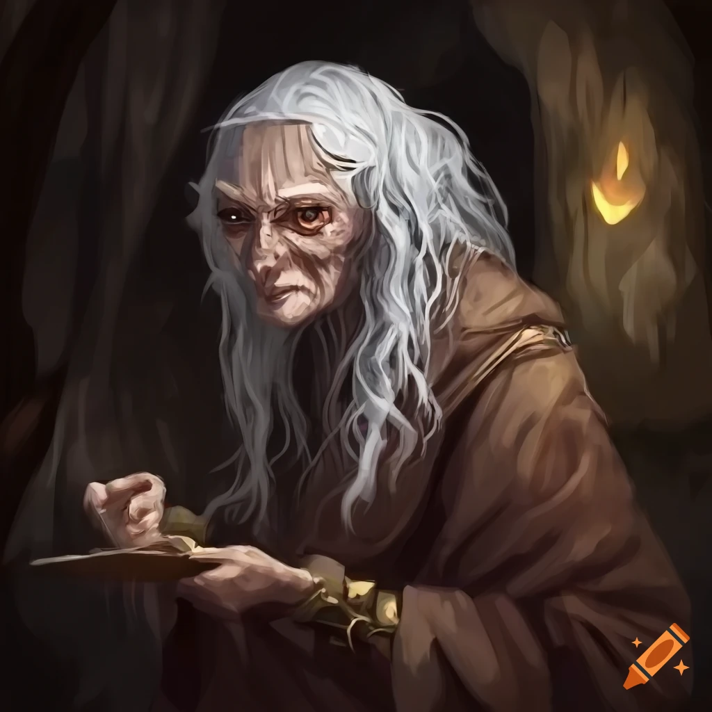 Detailed dnd character art of an old hag with a witch hat in a cave at night on Craiyon