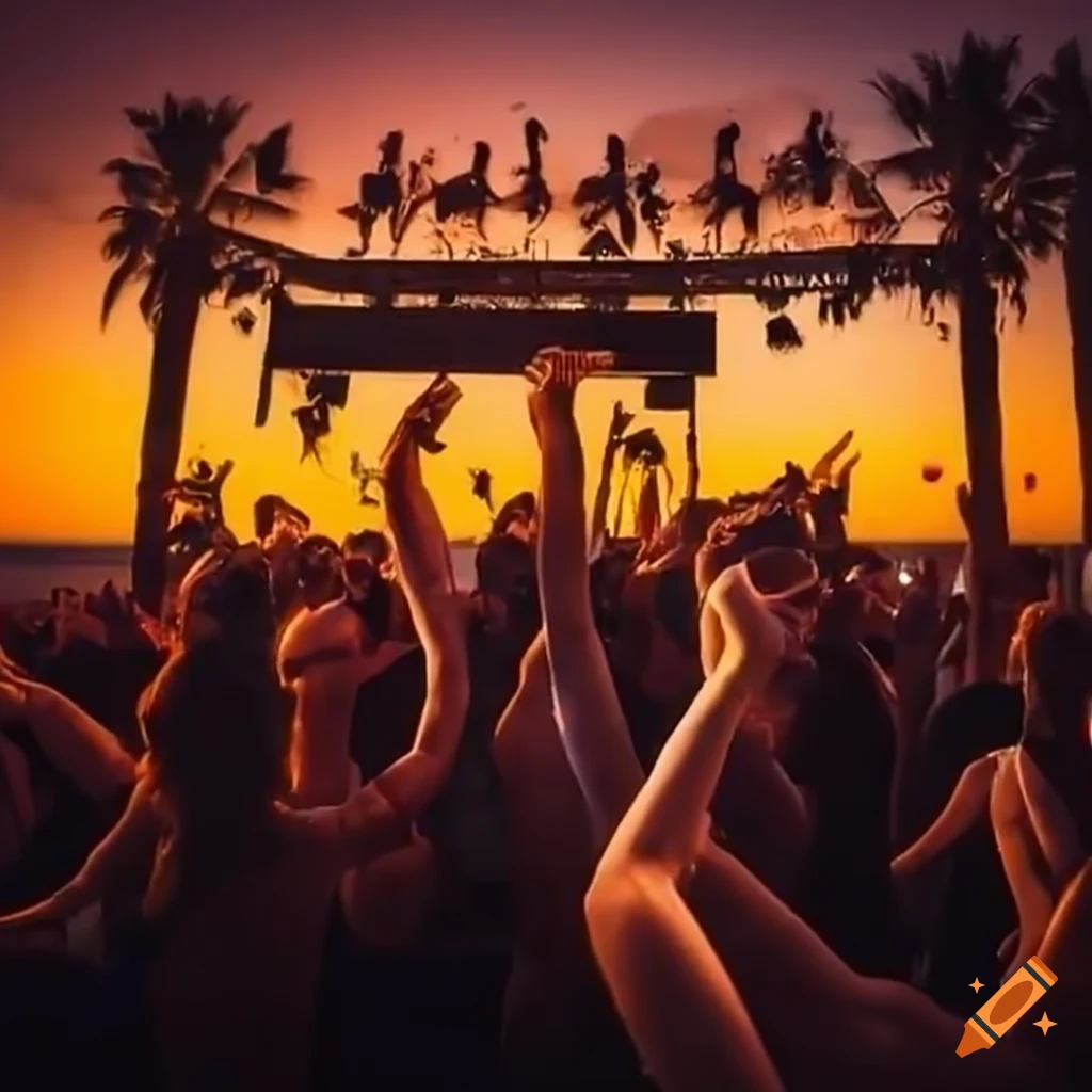 Dj playing on a sunset beach with a dancing crowd on Craiyon