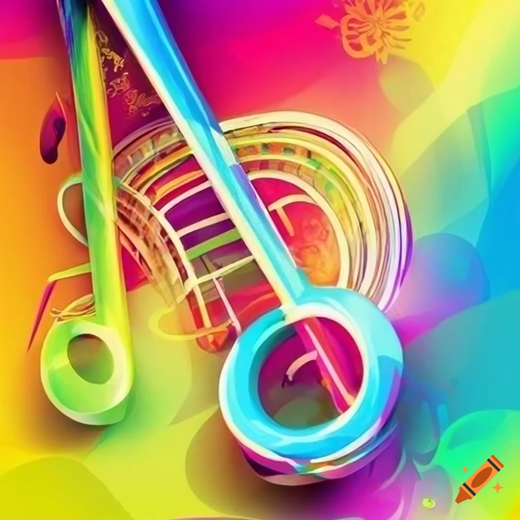 Vibrant music-themed poster with colorful notes and instruments on Craiyon