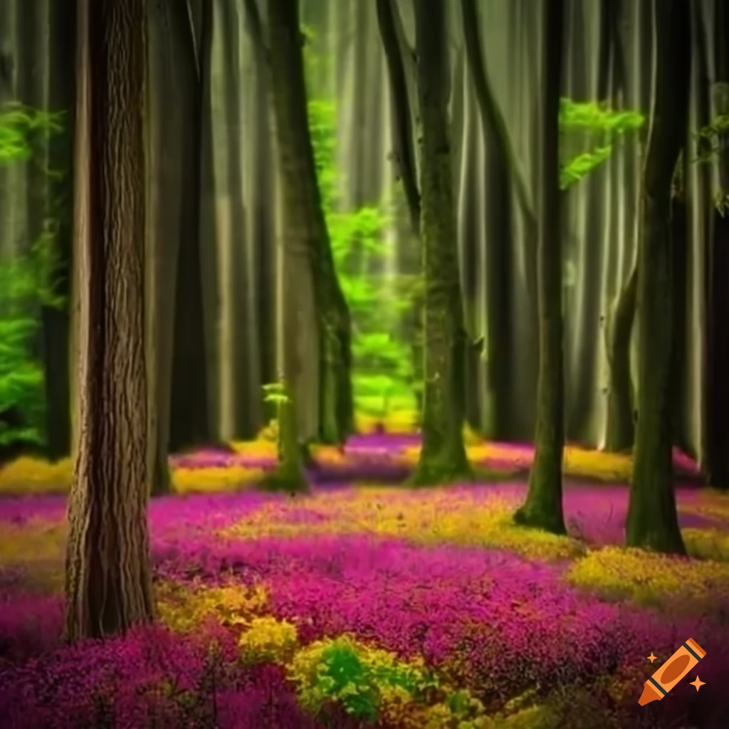 Beautiful forest with colorful flowers on Craiyon