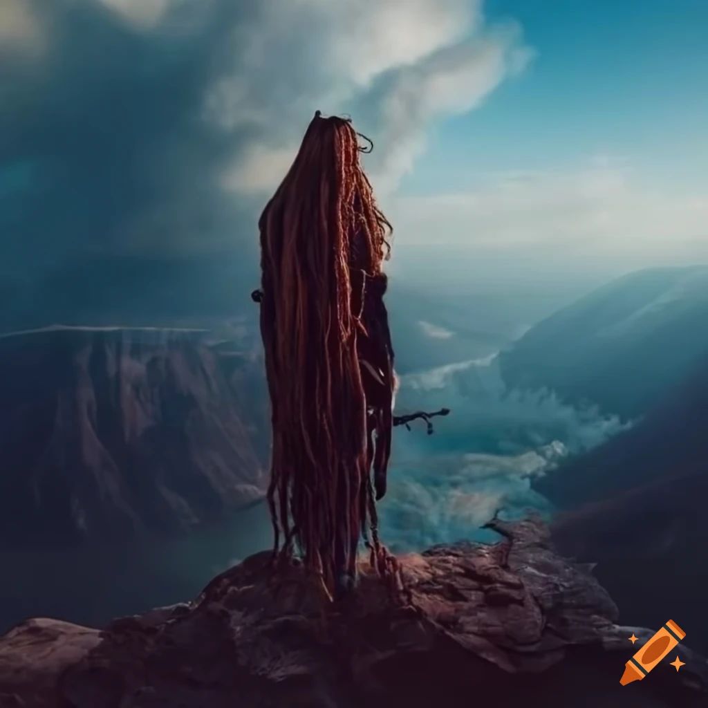 Gothic man with dreadlocks at cliff edge overlooking burning valley on ...