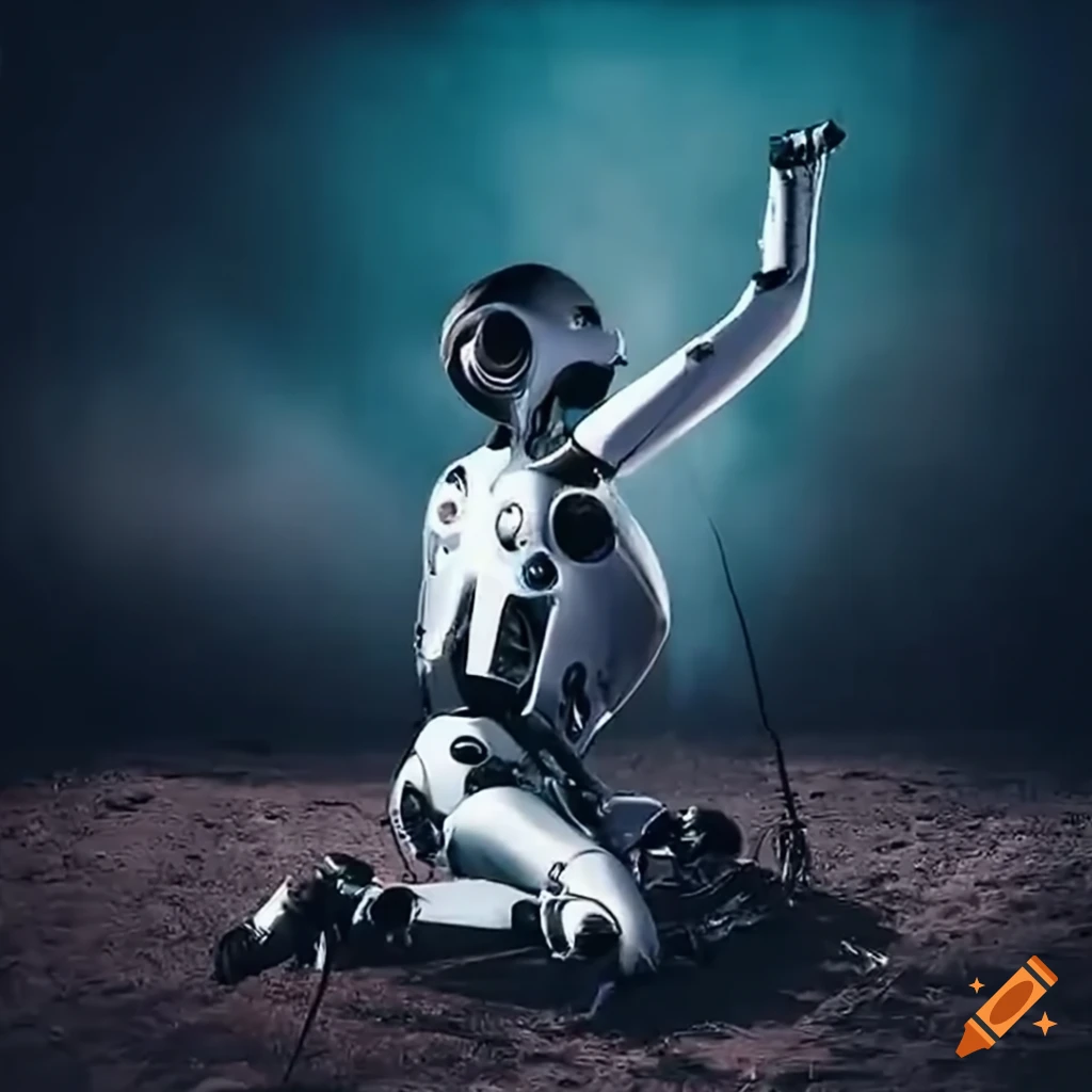 Robot humanoid in agony surrounded by human soldiers on Craiyon