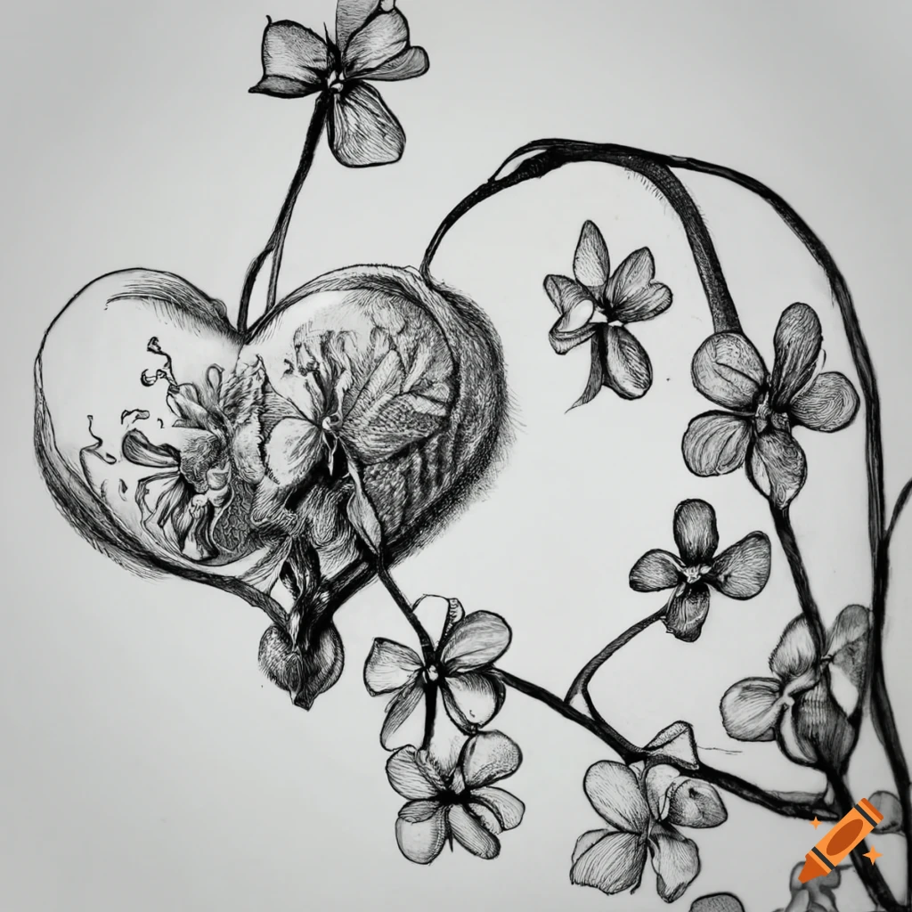 Intertwining bleeding heart and forget-me-not flowers in black and ...