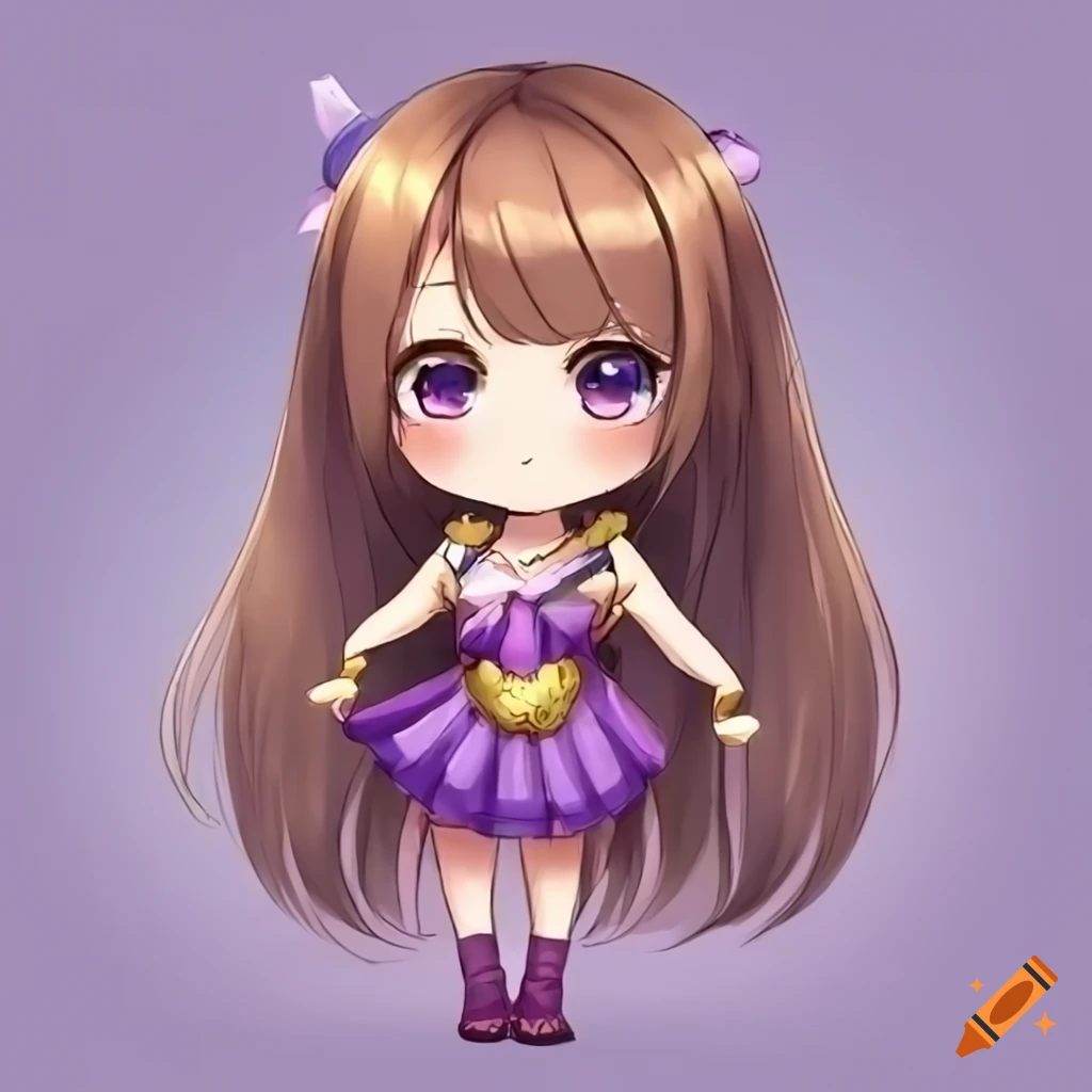 Chibi Anime Girl With Long Light Brown Hair And Purple Skirt Front View On Craiyon