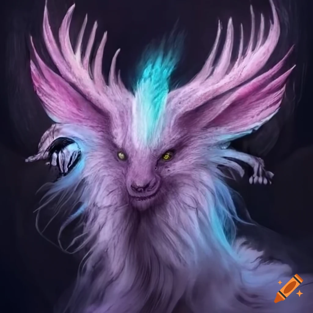 Quadrapedal hybrid fantasy creature with aurora light, fluffy body, scales, antlers, tail, and ...