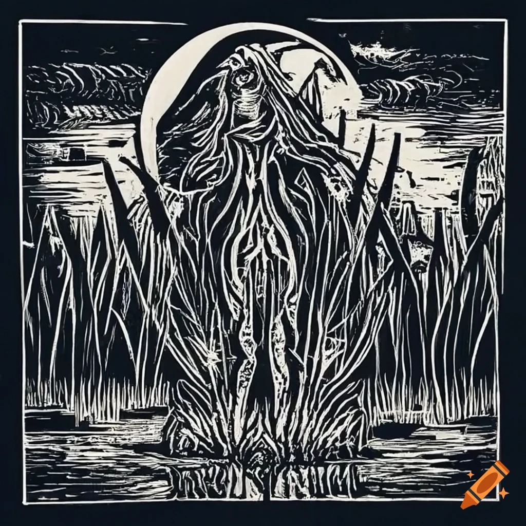 Sinister linocut etching of a mysterious swamp creature singing in ...