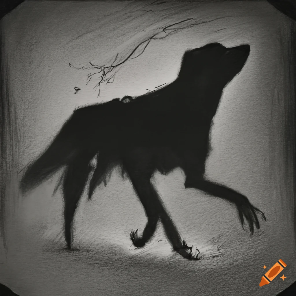 Dark dog shadow running in the village patch in a charcoal drawing on ...