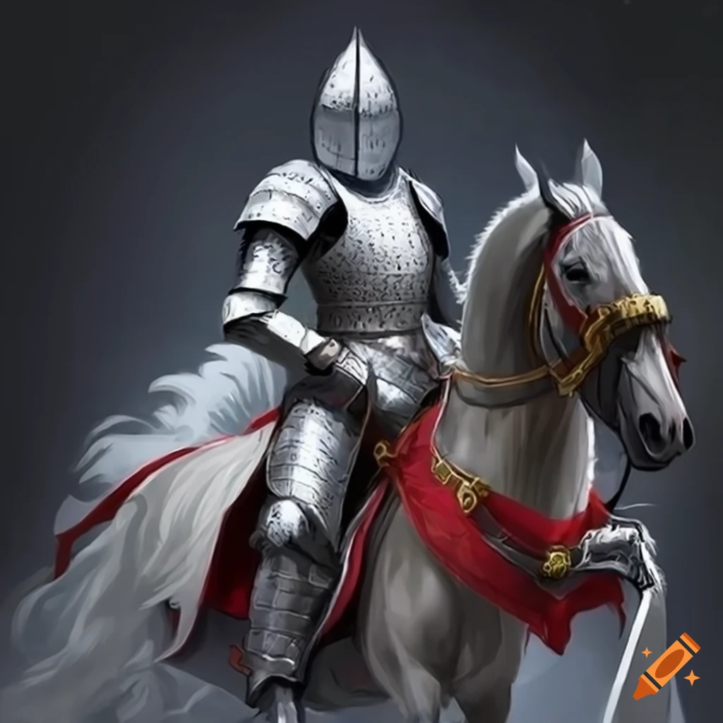 Armored knight riding a white horse on Craiyon