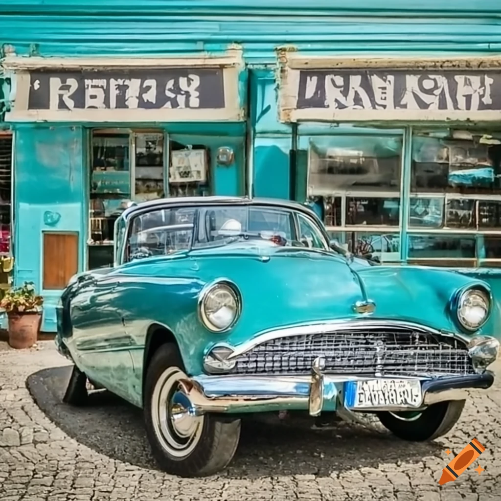 Turquoise classic car in front of a coffee shop on Craiyon