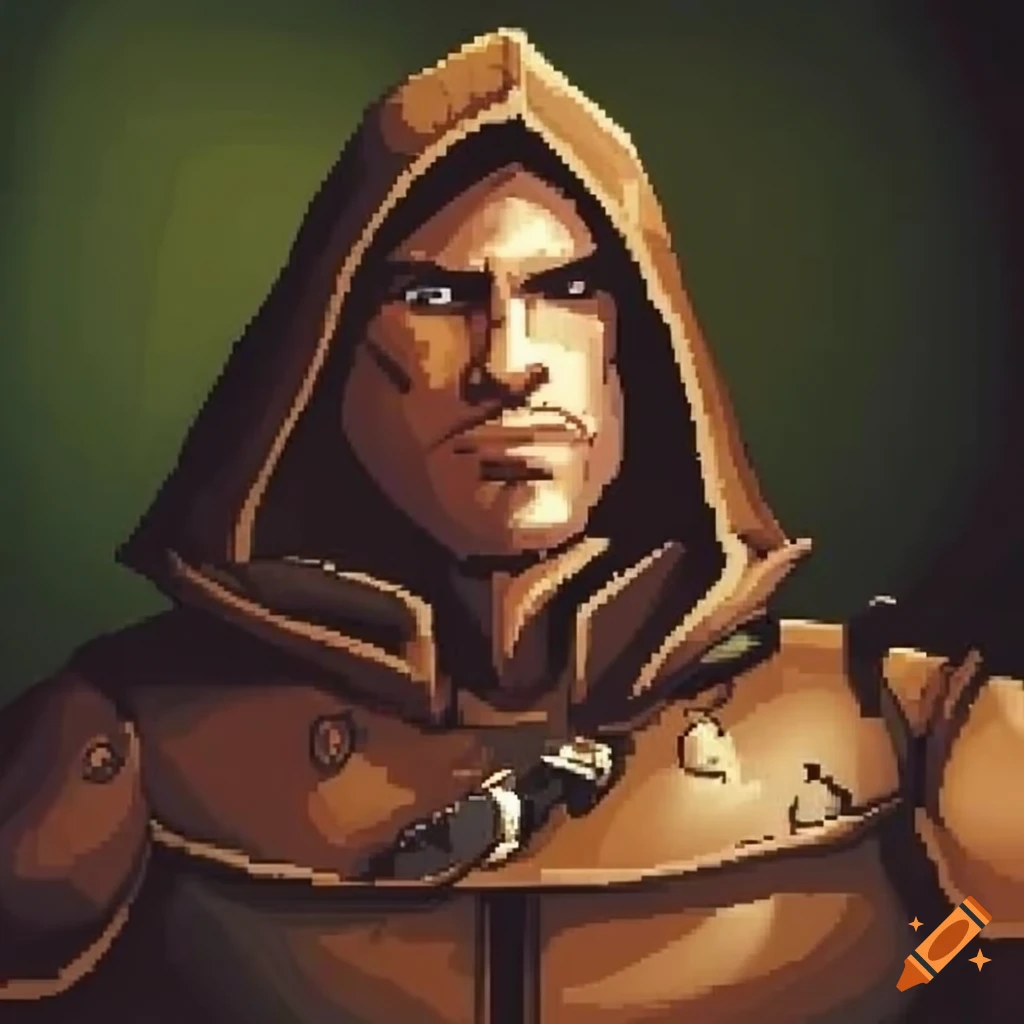 Detailed portrait of male rogue from 1990s adventure video game in ...
