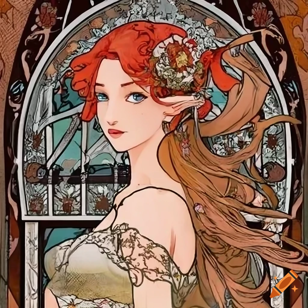 Full length manga elf princess in alfons mucha style on Craiyon