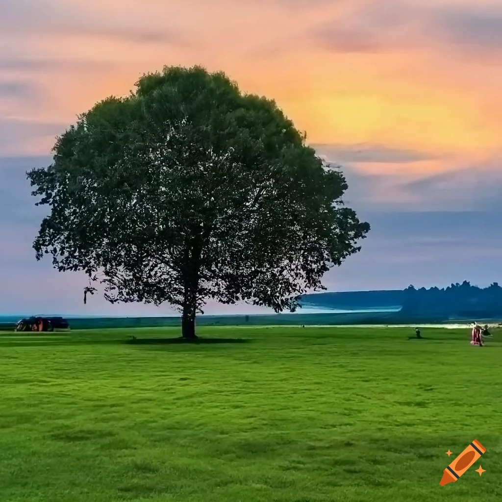 Two people standing in a meadow with a green tree on the left and a ...