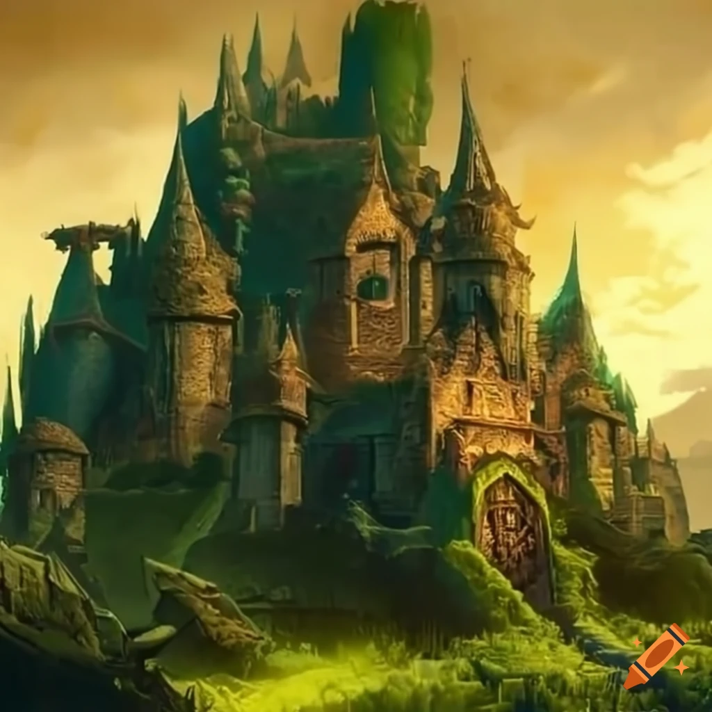 Epic orc fortress surrounded by lush greenery with intricate details on ...