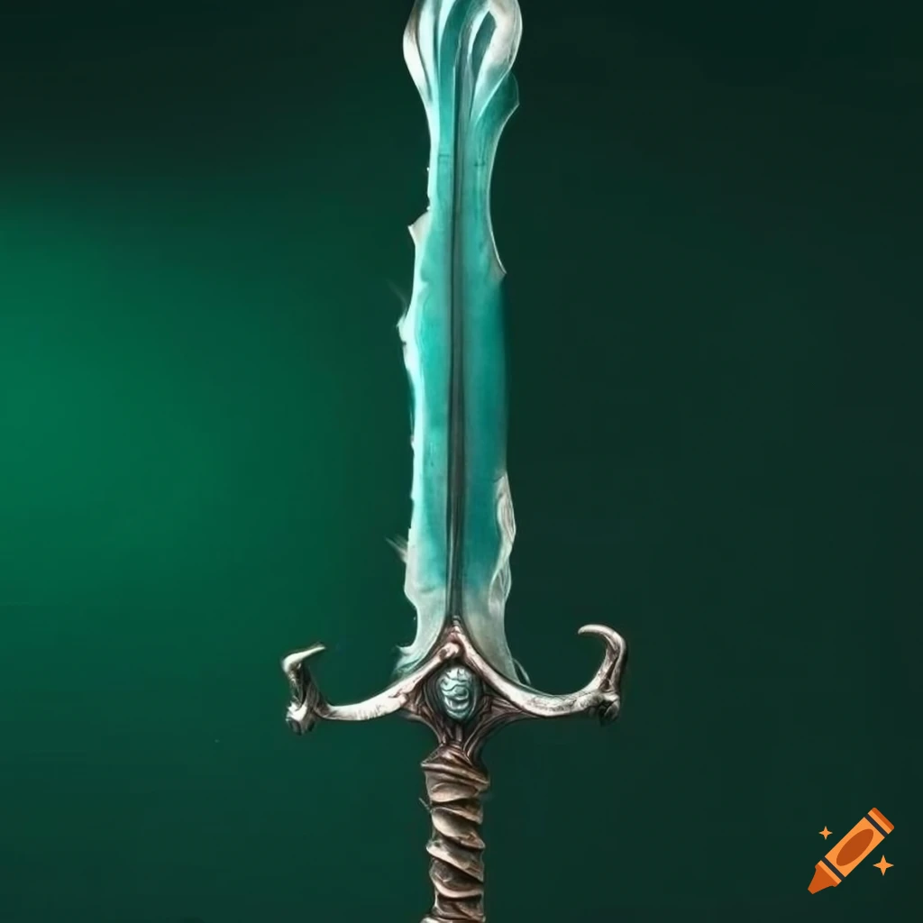 Longsword with glass blade, white feathers, and emerald green cloth ...
