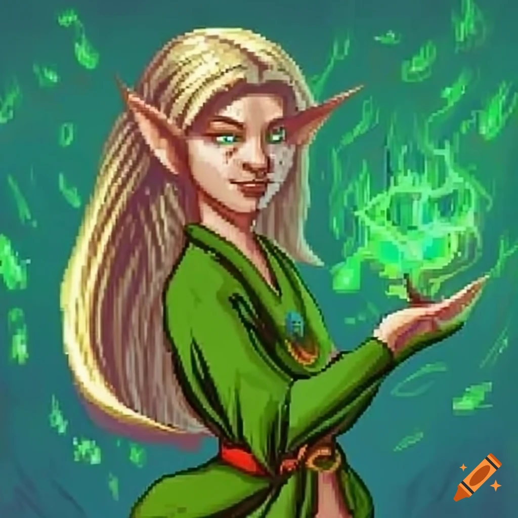 Pixelated portrait of an elf sorceress in green robes surrounded by magic energy bursts on Craiyon