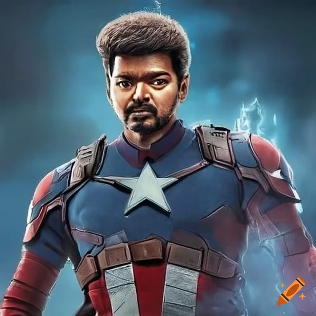 Tamil actor Vijay portraying Captain America on Craiyon