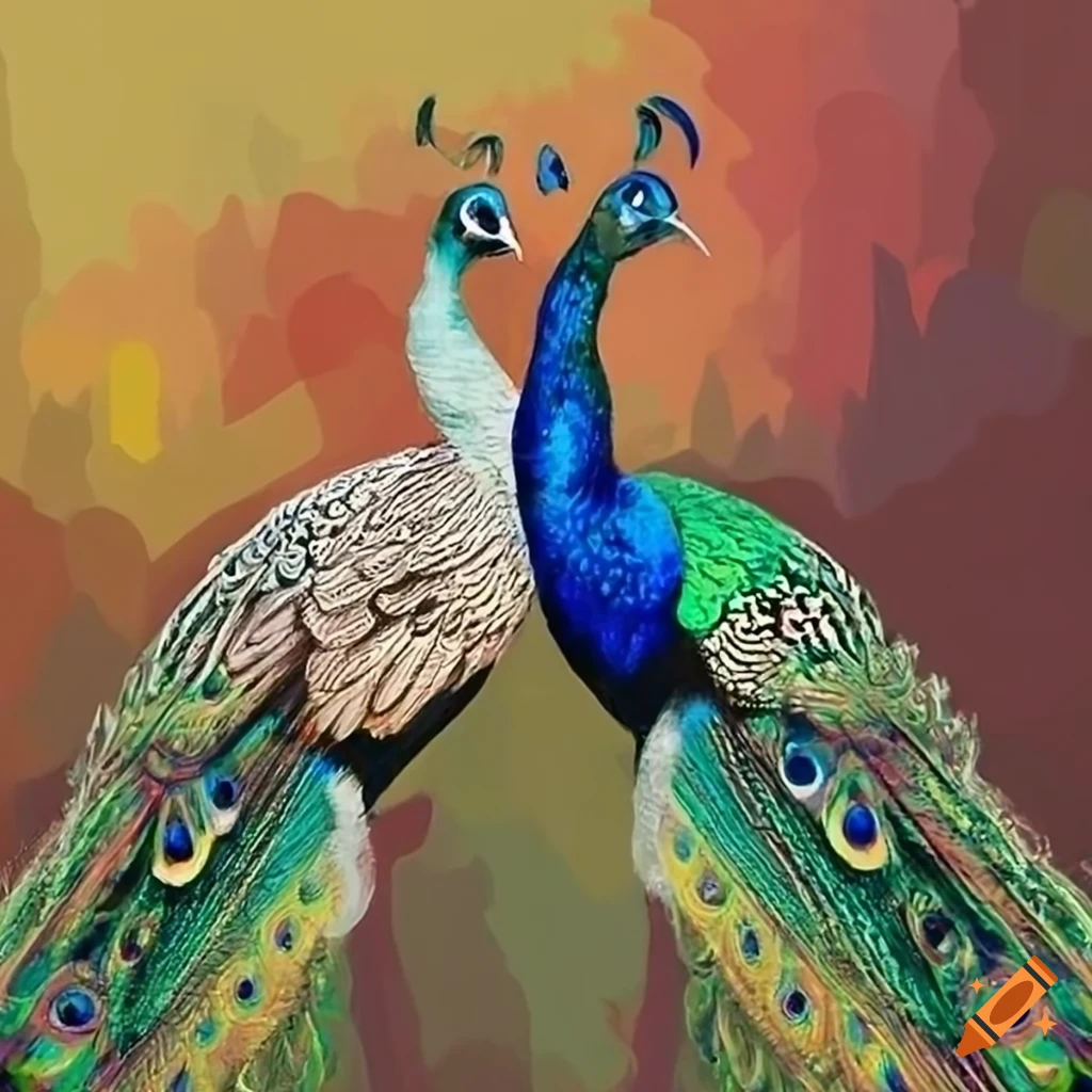 Two peacocks facing each other in a nature setting on Craiyon