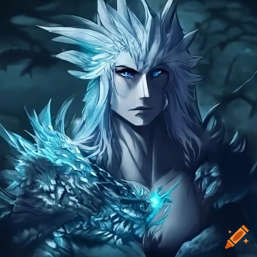 Male frost dragon in human form walking through a forest in anime style ...