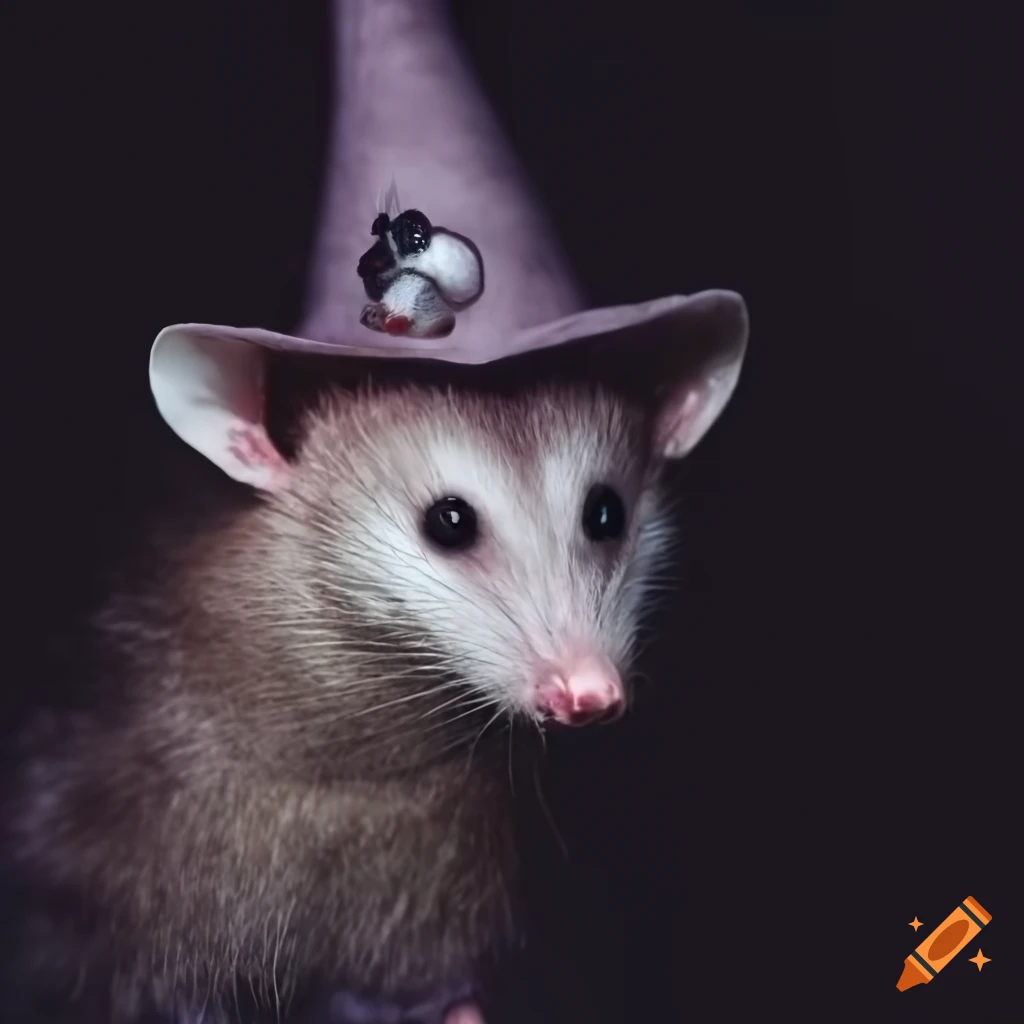 Photorealistic grey opossum wearing wizard hat on Craiyon