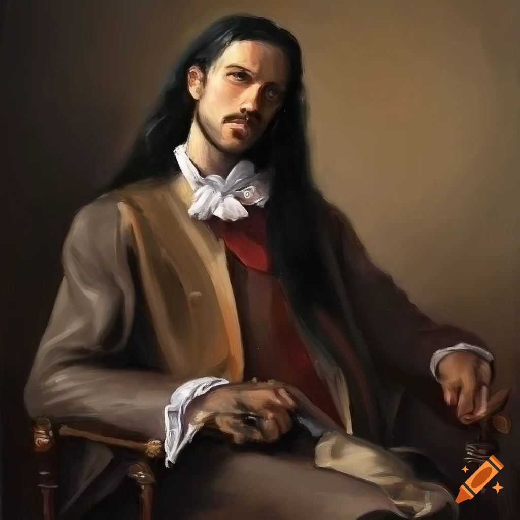 Handsome noble man with long black hair sitting in a soft-colored ...