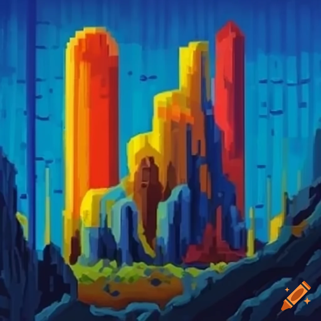 Pixel art of a giant kingdom with yellow bars, red, and blue elements ...