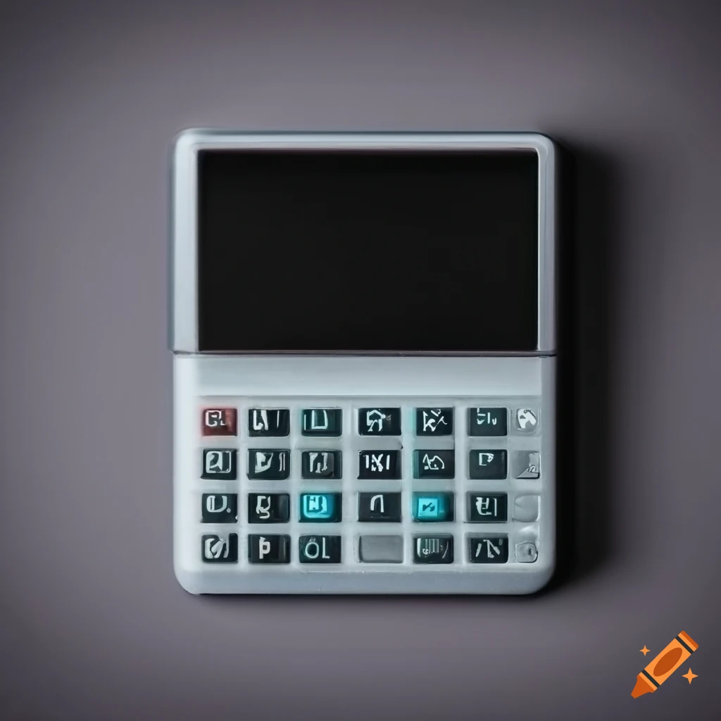 Small grey calculator with old screen and keypad on Craiyon