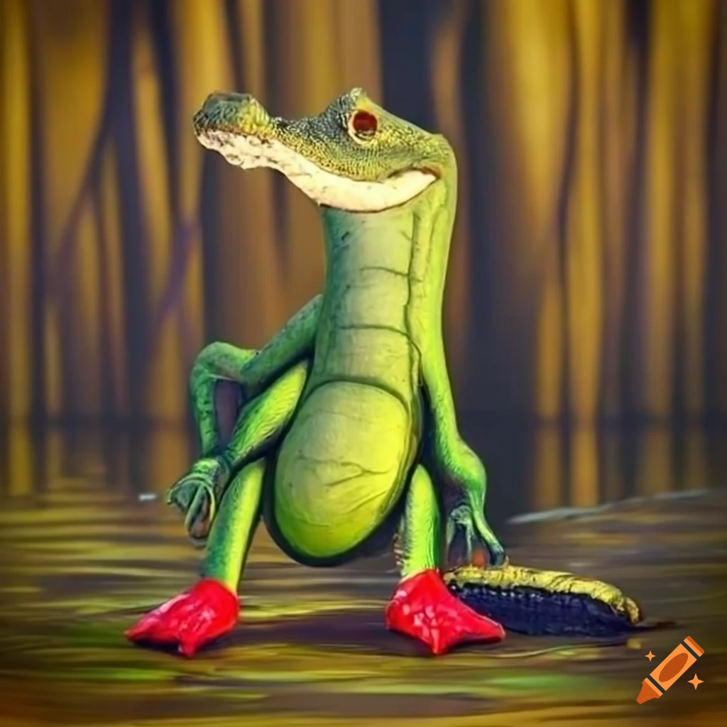 Green alligator standing proudly on hind legs in red shoes near a swamp ...